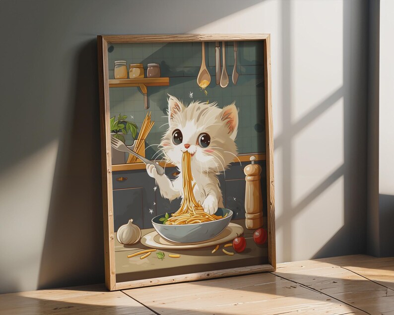Kitten Eating Pasta Wall Art Print – Kitchen Food Illustration Decor ...