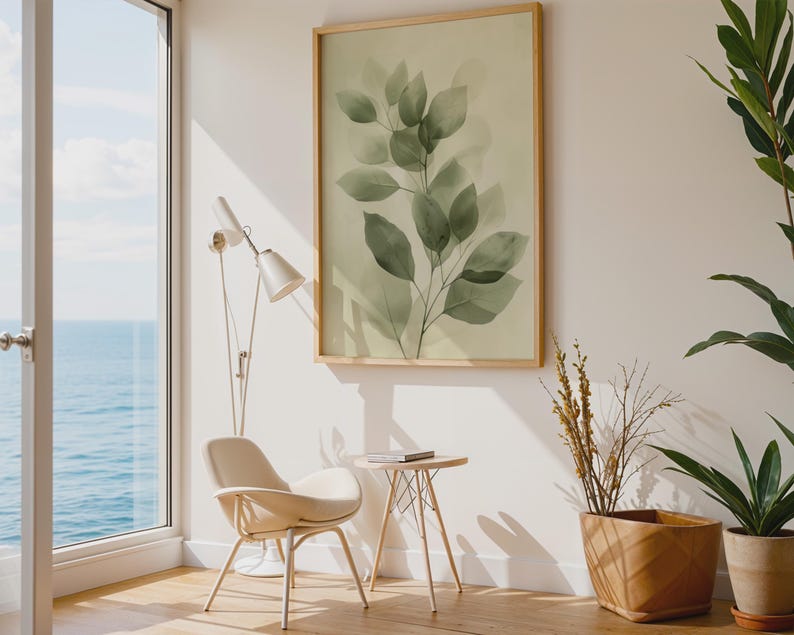 Botanical Leaf Wall Art, Green Leaves Print, Minimalist Cream Nature ...