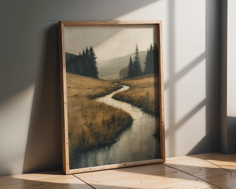 Misty Forest Stream Landscape Print, Rustic Meadow Wall Art, Golden ...