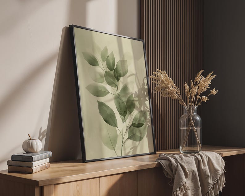 Botanical Leaf Wall Art, Green Leaves Print, Minimalist Cream Nature ...