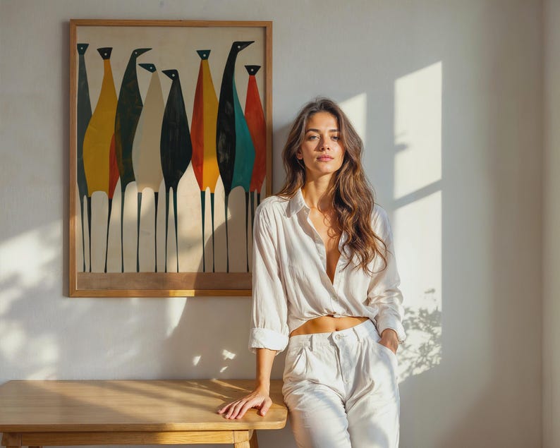 Abstract Bird Art, Modern Beige Black Earthy Tones, Living Room Decor ...