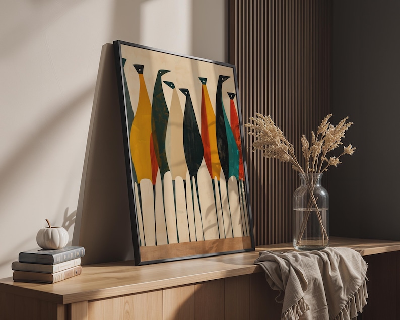 Abstract Bird Art, Modern Beige Black Earthy Tones, Living Room Decor ...