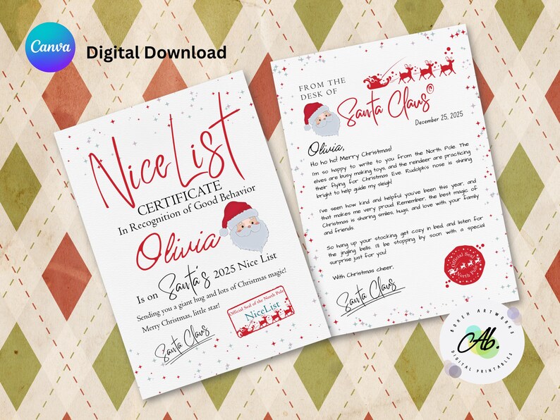 Editable Santa Letter Template & Nice List Certificate Template,canva ...
