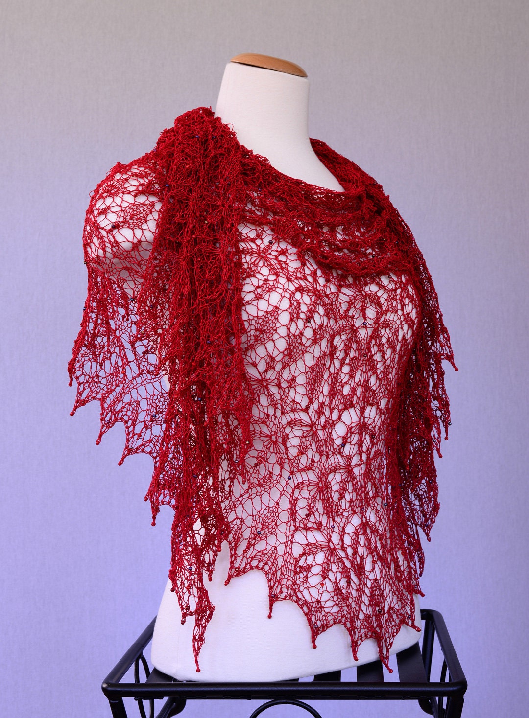 LACE BEADED SHAWL in Crimson Red Elegant Stole for Wedding, Party ...