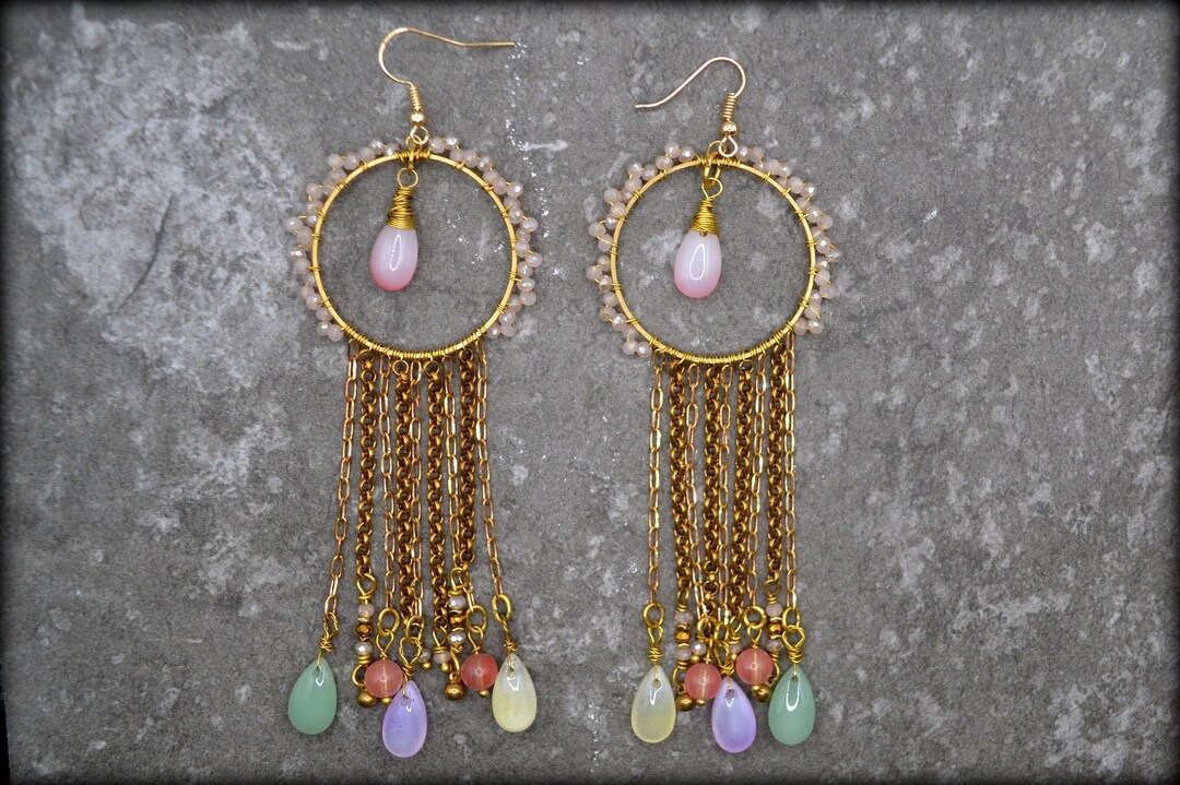 Long Crystal Hoop Earrings Gold Wire Wrapped Hoops Luxury - Etsy