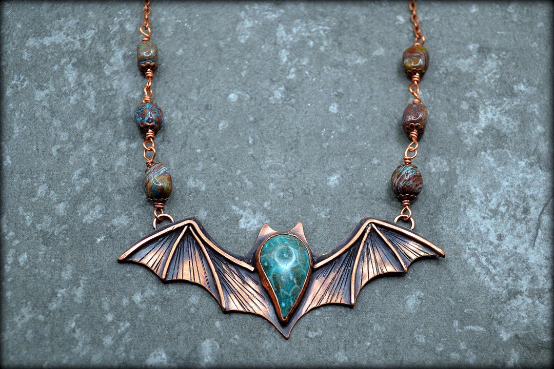 Artisan Copper Bat Necklace: Statement Pendant With Agate Stone - Etsy