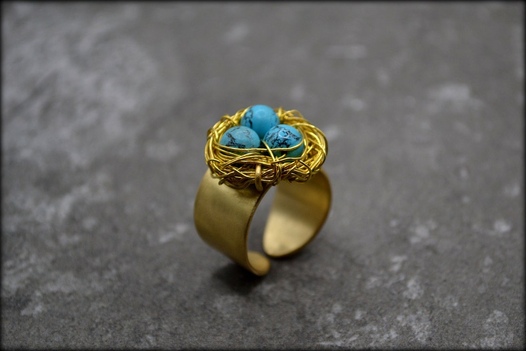 Bird Nest Ring With Eggs, Contemporary Turquoise Gemstones Ring ...