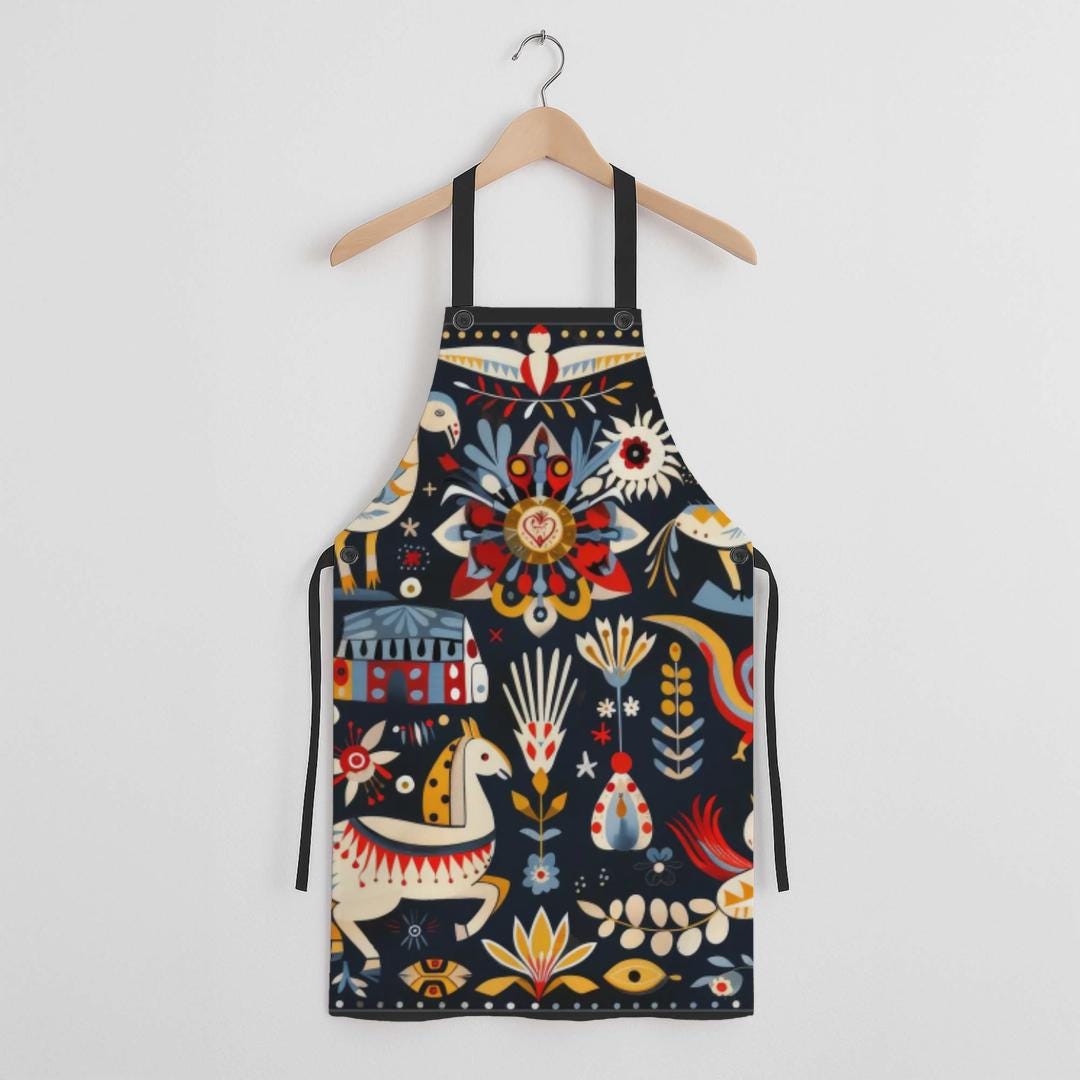 Apron Featuring Vibrant Folk Art Stylized Animals and Botanical Motifs ...