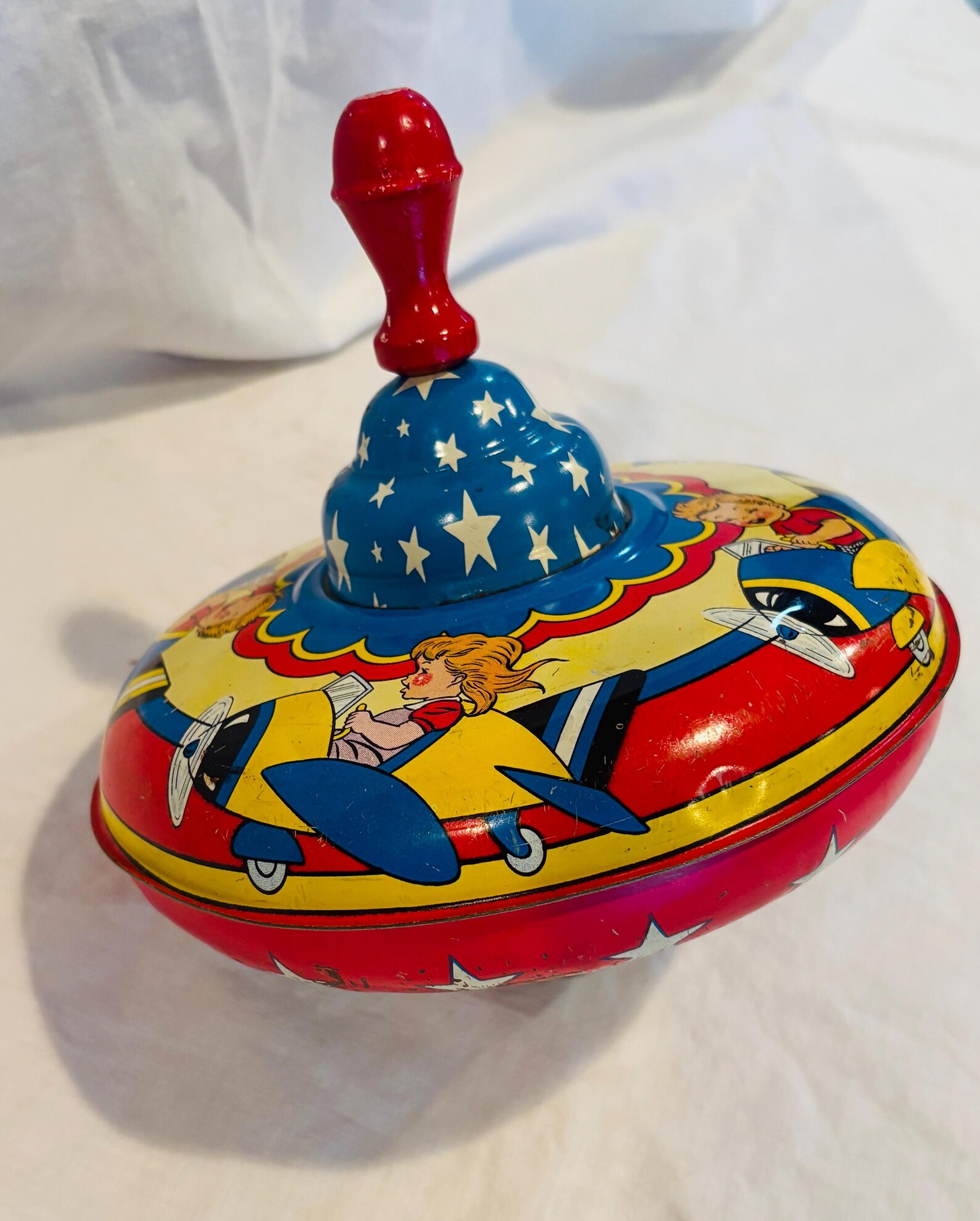 Vintage Tin Litho Spinning Top - 1940s Ohio Art Style - Aviation Theme ...