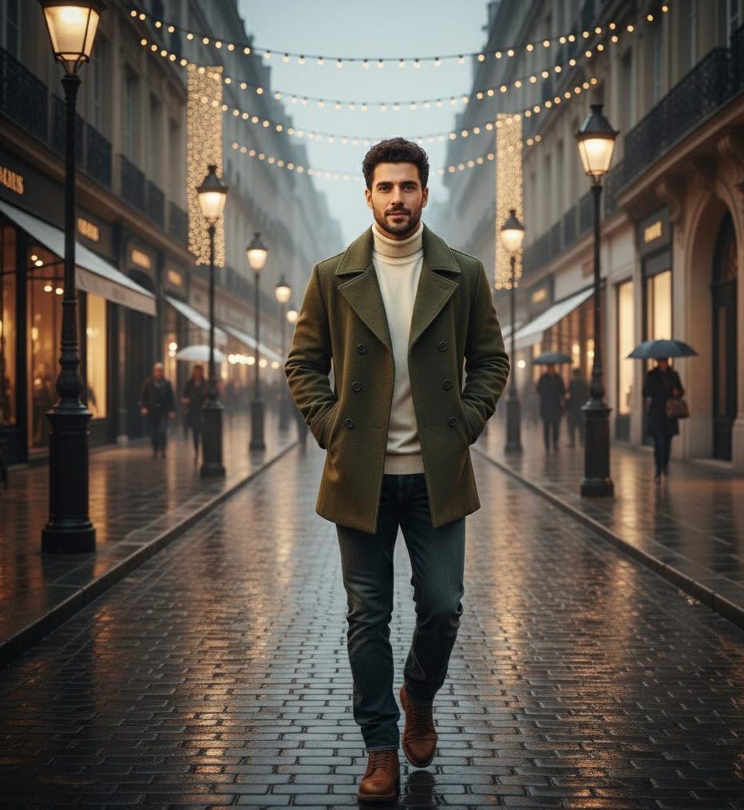 Classic Men’s Wool Pea Coat – Olive Green Winter Jacket – Timeless ...