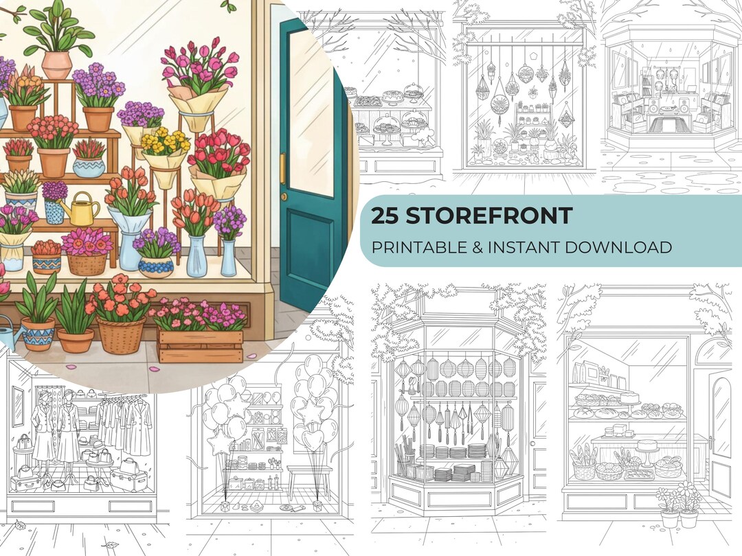 25 Storefront Coloring Pages for Adults, Cozy Shop Windows Coloring ...