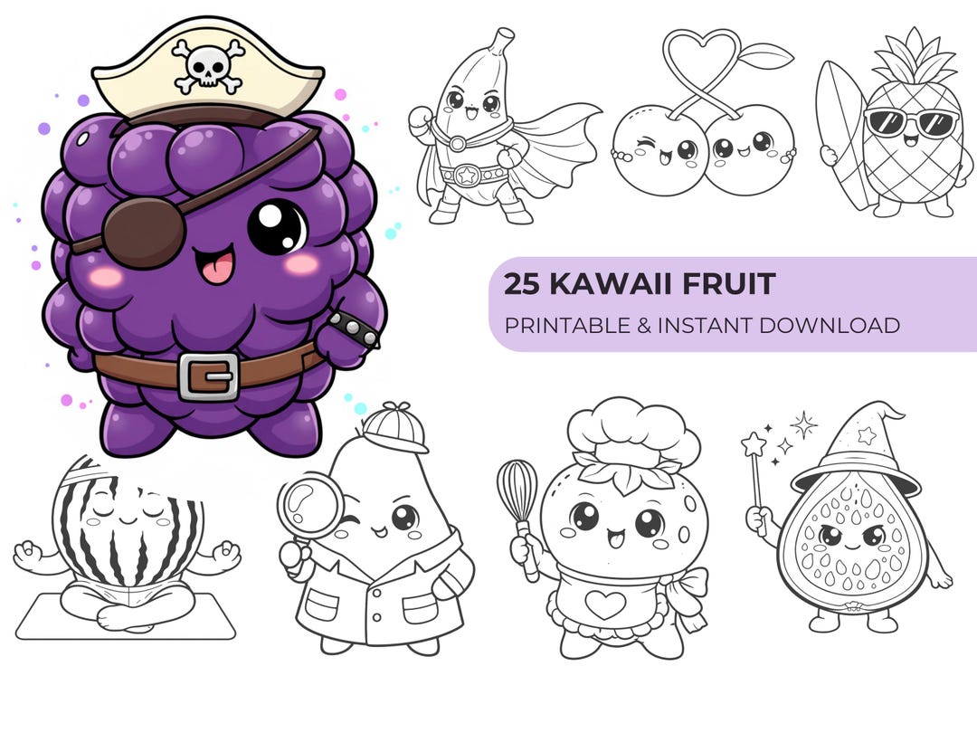 25 Kawaii Fruit Coloring Pages for Kids, Cute Food Coloring Book ...