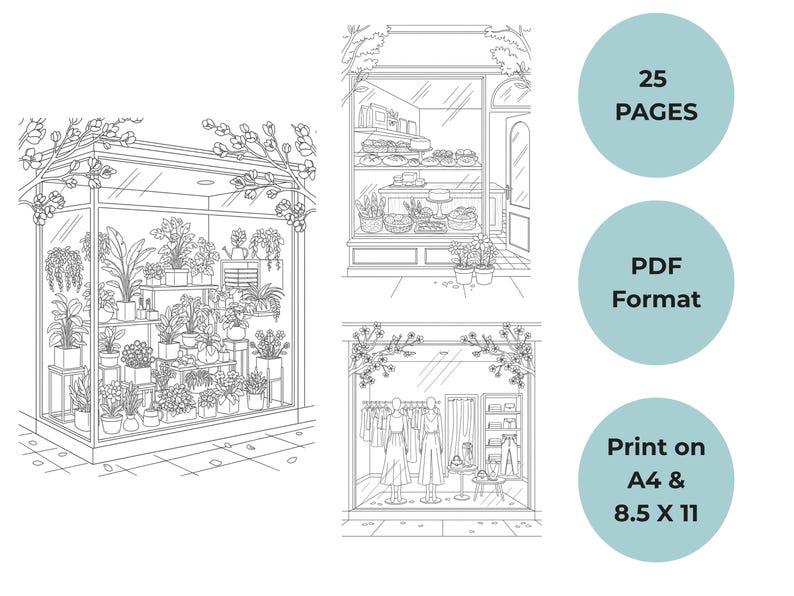 25 Storefront Coloring Pages for Adults, Cozy Shop Windows Coloring ...
