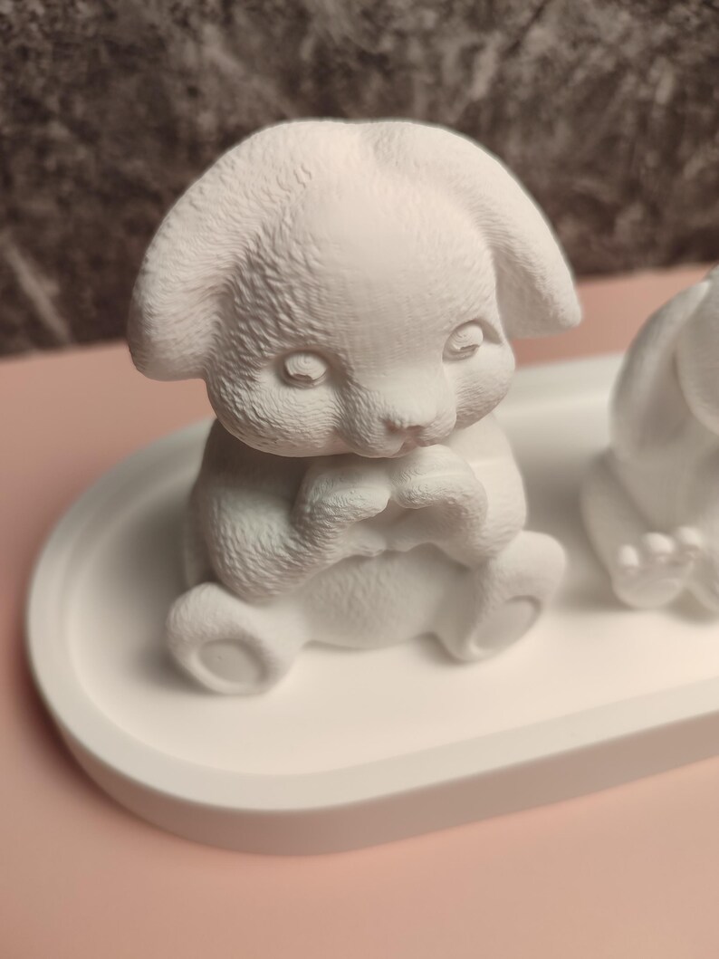 Hand-cast Plaster Bunny Duo on a Base - Cute White Easter Decoration ...