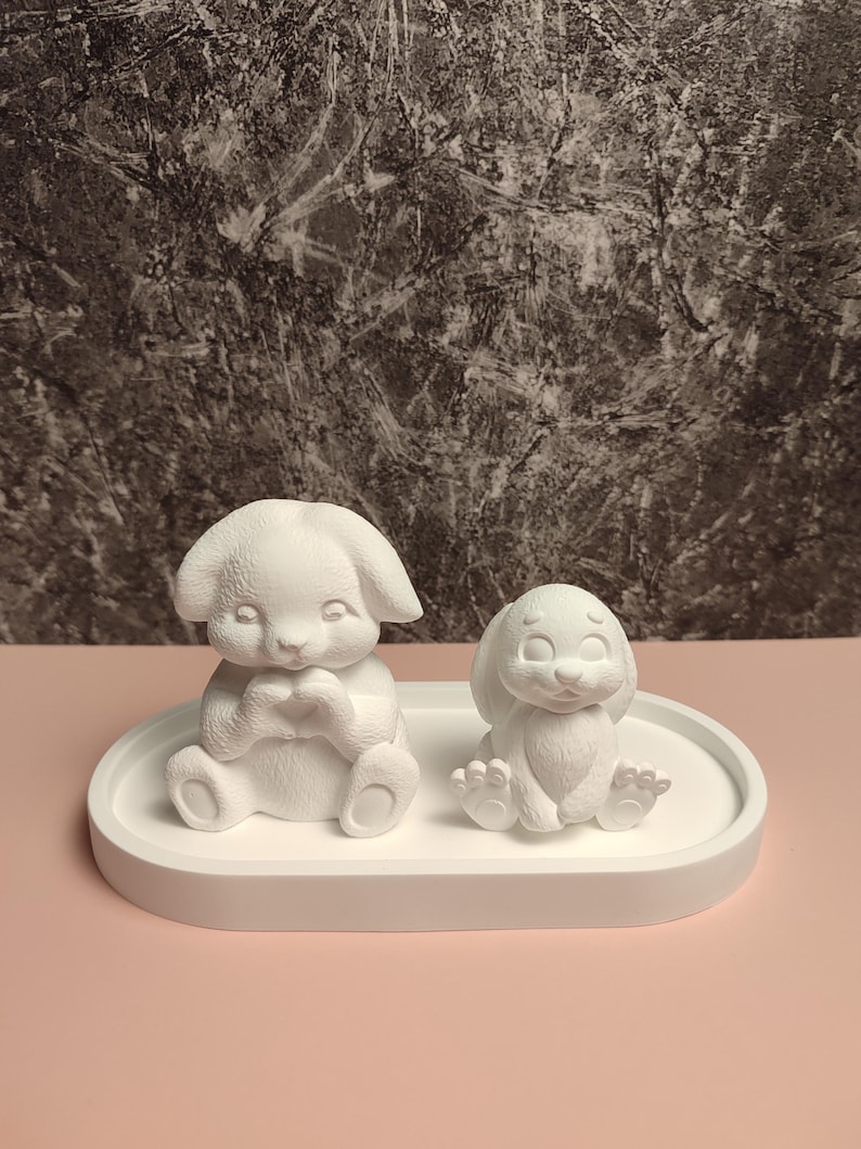 Hand-cast Plaster Bunny Duo on a Base - Cute White Easter Decoration ...