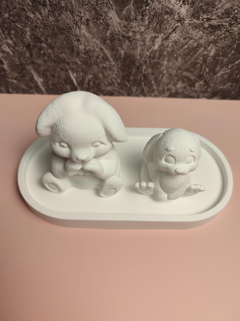 Hand-cast Plaster Bunny Duo on a Base - Cute White Easter Decoration ...