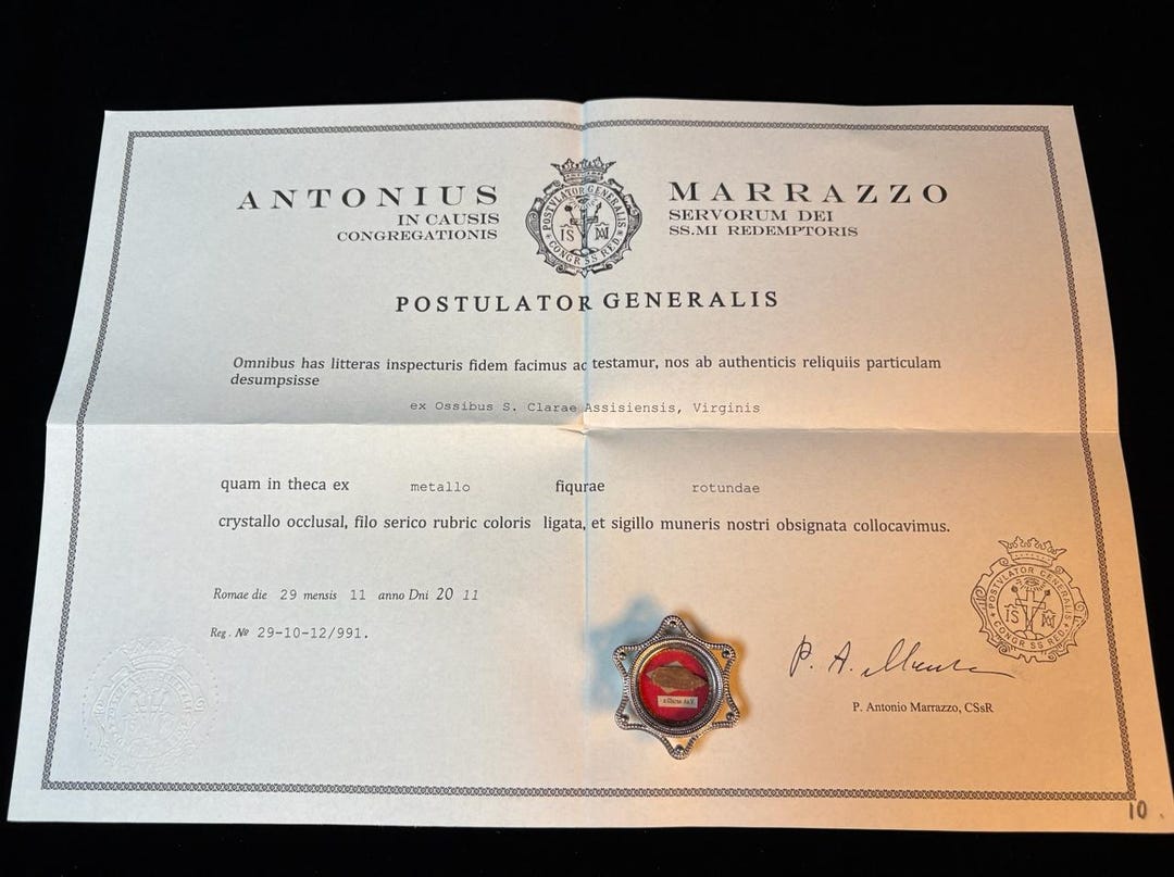 Ex Ossibus Relic of St. Clare of Assisi With COA (2011, Postulator ...