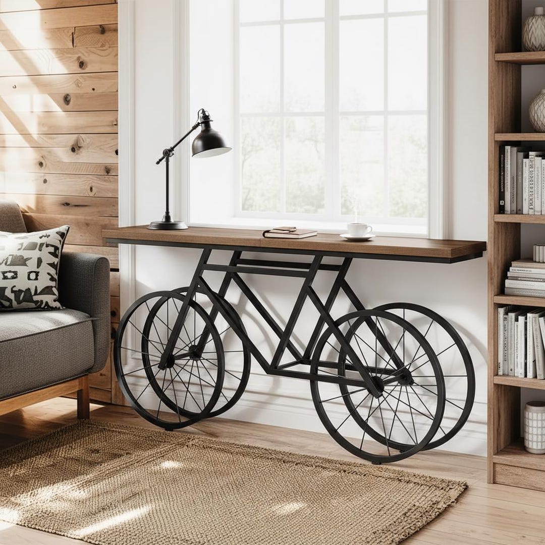 Bicycle Wheel Console Table | Black Metal Sofa Table | Industrial ...