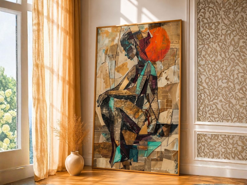 Abstract Collage Woman Canvas Art, Cubist Figure Wall Decor, Vintage ...