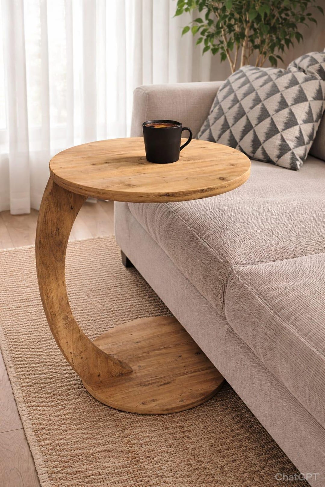 Rolling C Shaped Side Table, Wooden Sofa Side Table With Wheels, Rustic ...
