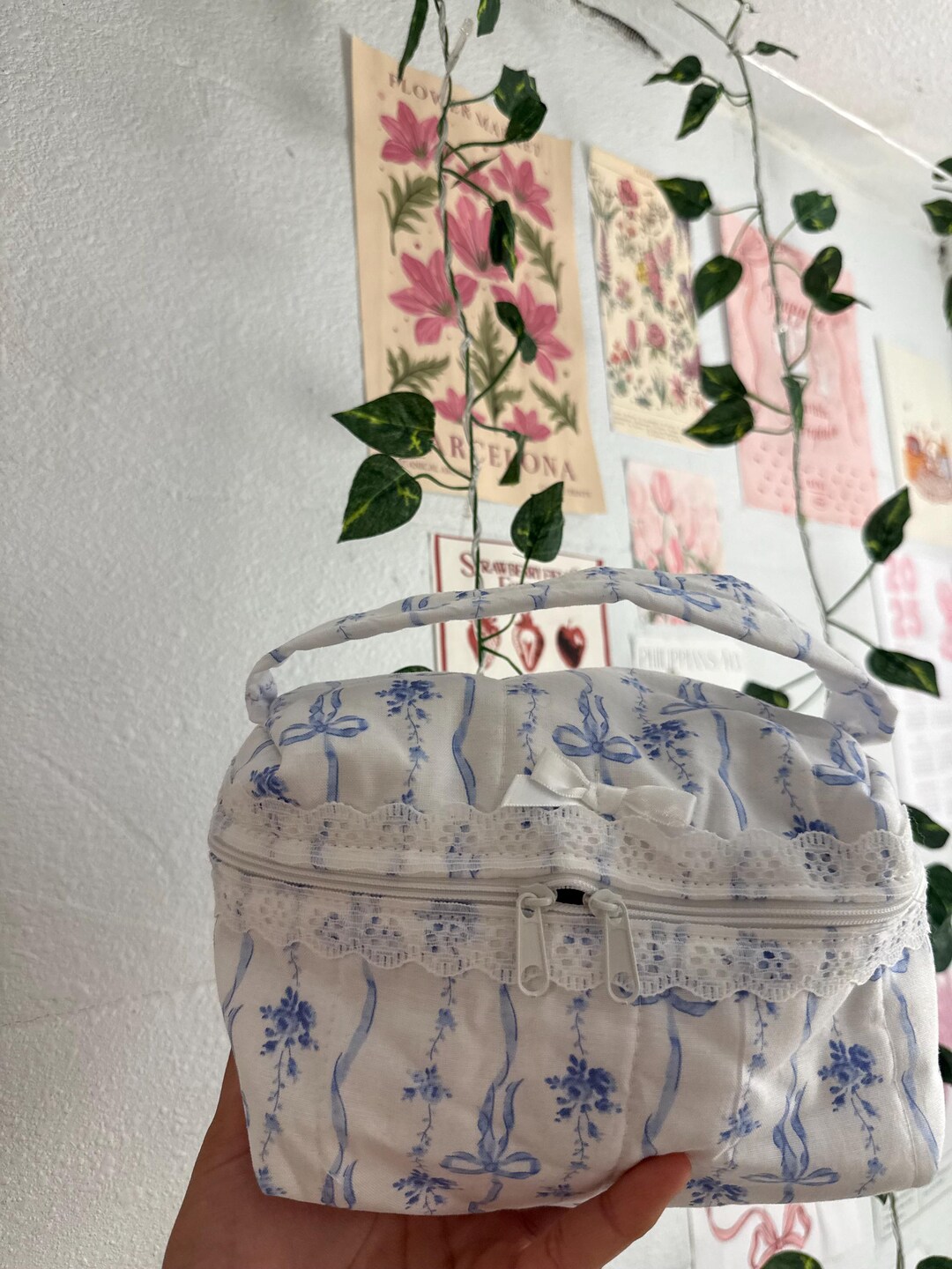 Blue Floral Makeup Bag – Handmade Lace Trim Cosmetic Pouch, Double ...