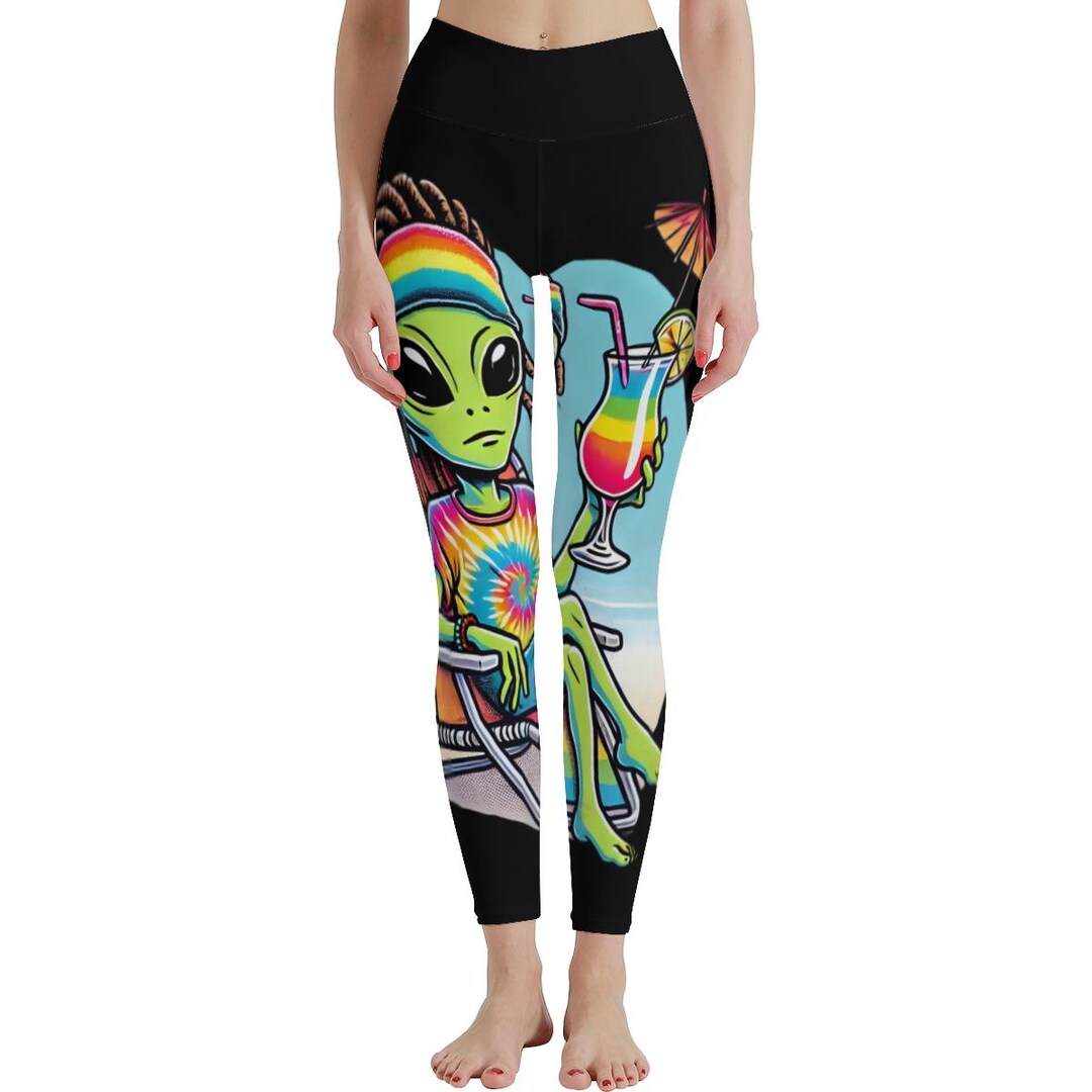 Cool Alien at Beach High Waist Leggings With Pockets Stretchy Roswell ...