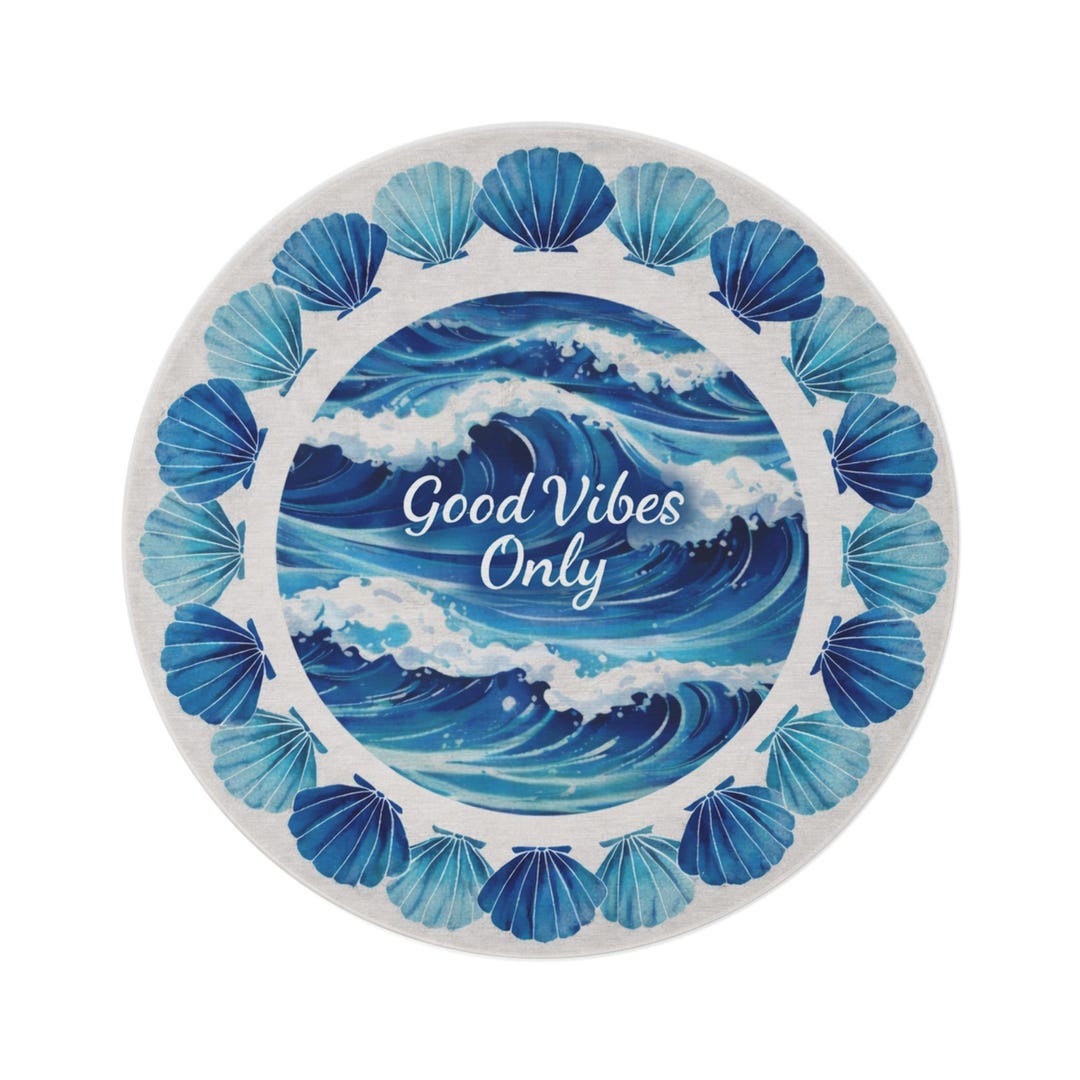 Good Vibes Only Wave Round Rug | Coastal Seashell Border Rug - Etsy