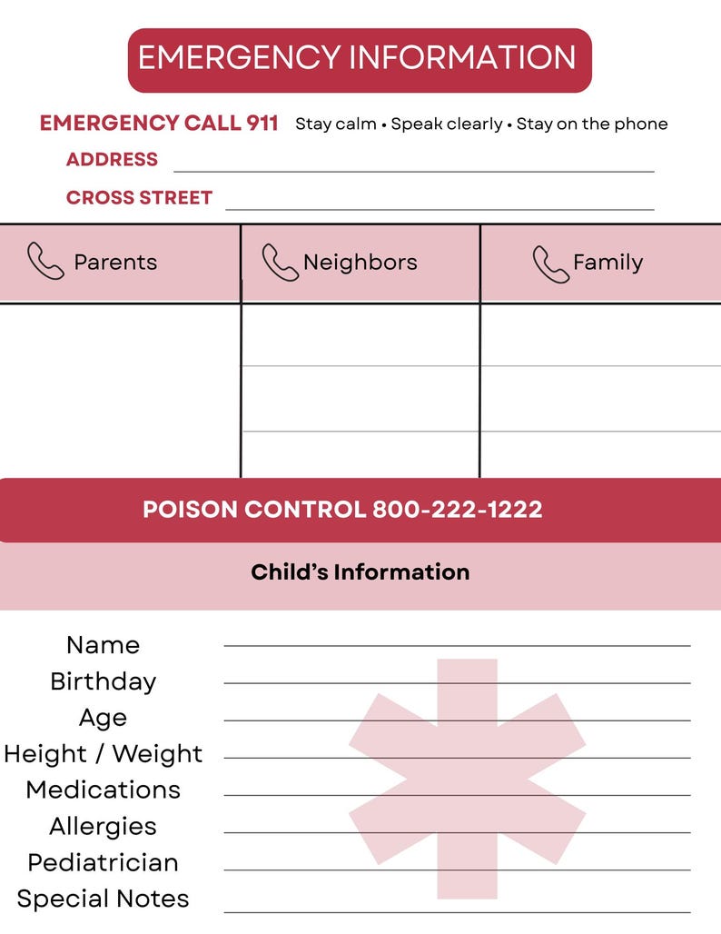 Babysitter Emergency Contact Sheet- Child Safety Information (printable ...