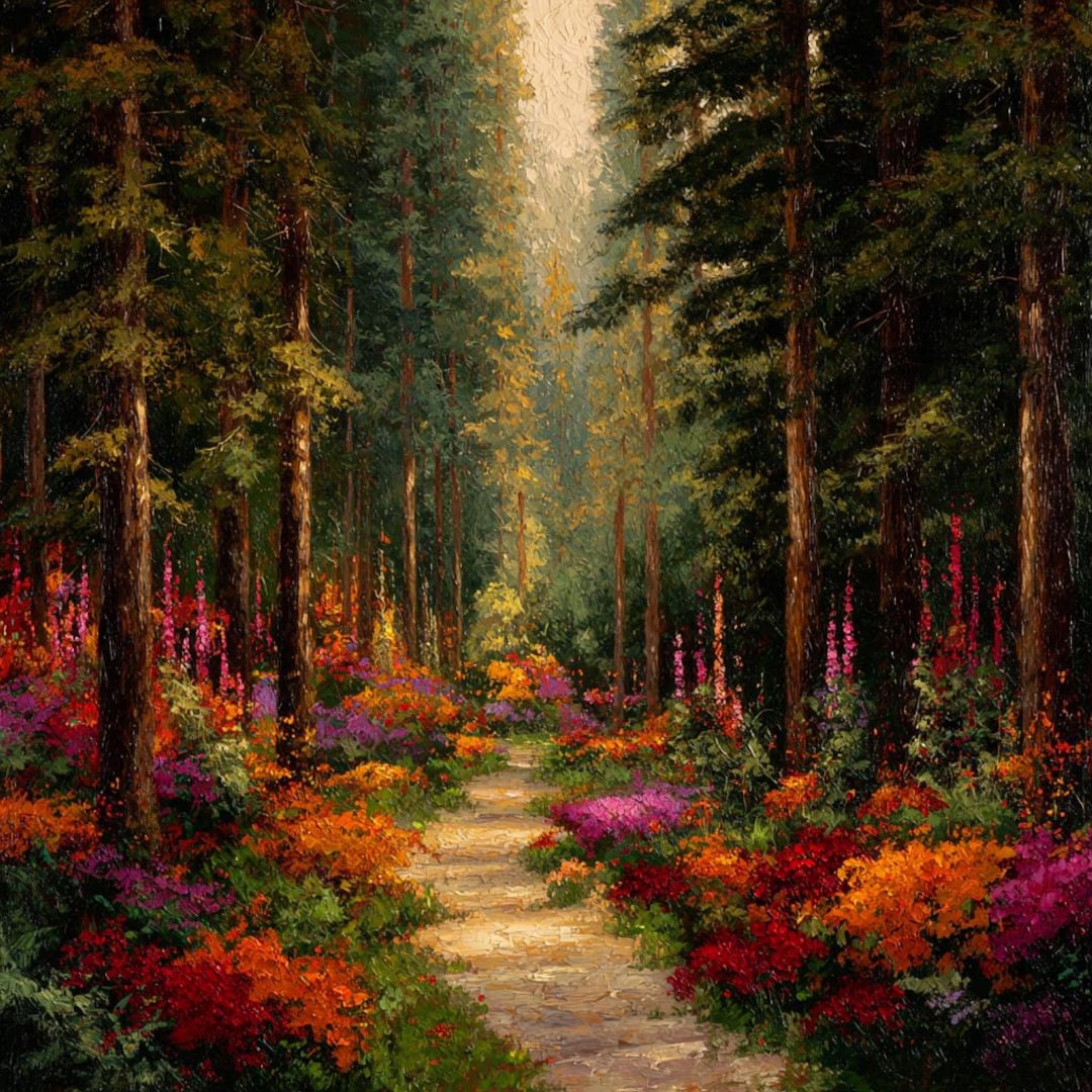 Gustav Klimt Forest Path Canvas, Colorful Floral Trees Wall Art, Golden ...
