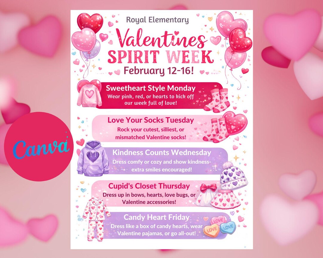 Editable Valentines Day Spirit Week Flyer Canva Template, School Spirit ...