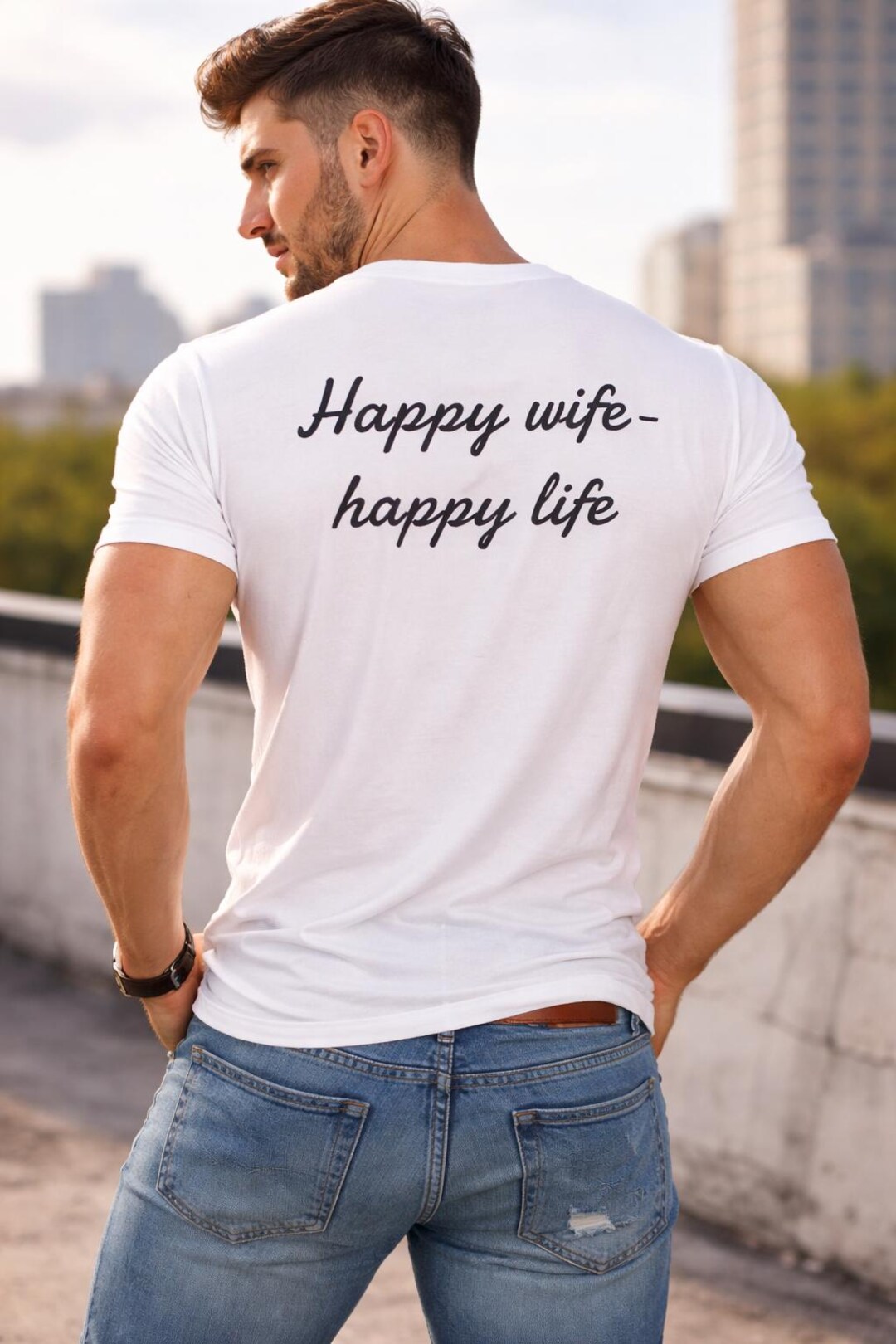 Happy Wife - Happy Life T-shirt | Script Typography, Casual Quote Tee ...