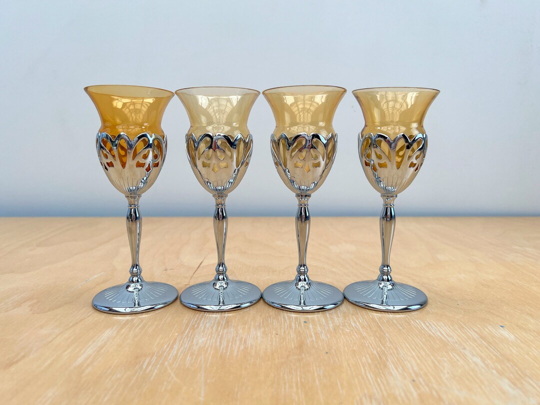 Farber Brothers KROME-KRAFT Amber Crystal Cordial Glasses With Chrome ...