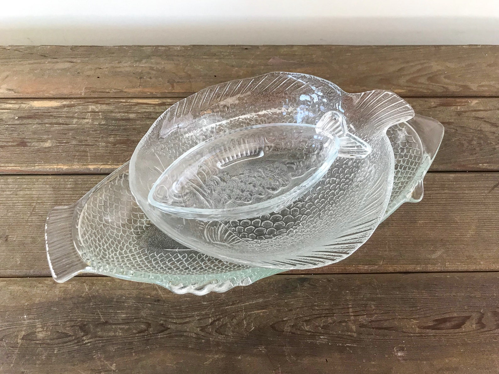 Vintage Pressed Glass Fish Plates, Jeanette Glasbake Oven-to-table, Set ...