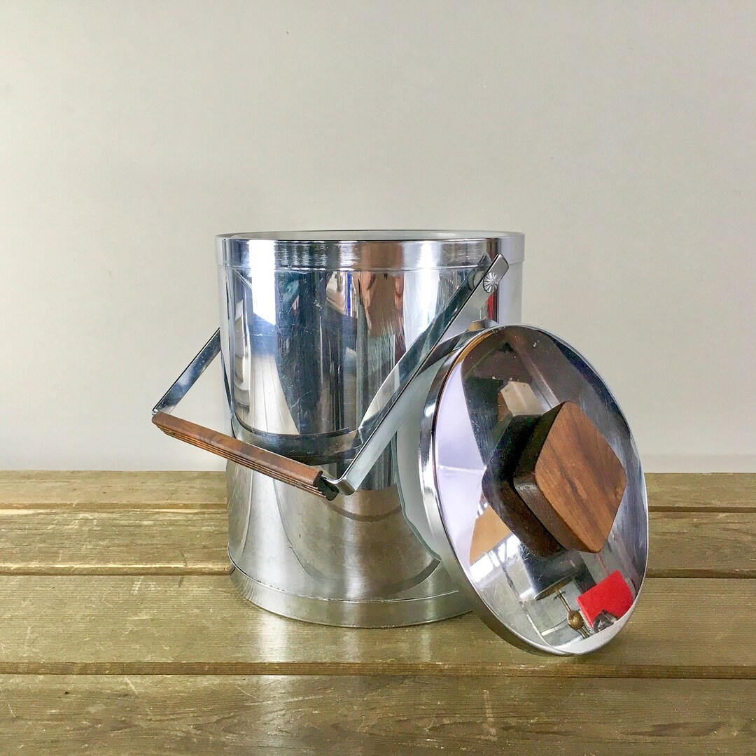 KROMEX 10" Chrome Ice Bucket With Teak Wood Handles, Vintage Midcentury ...