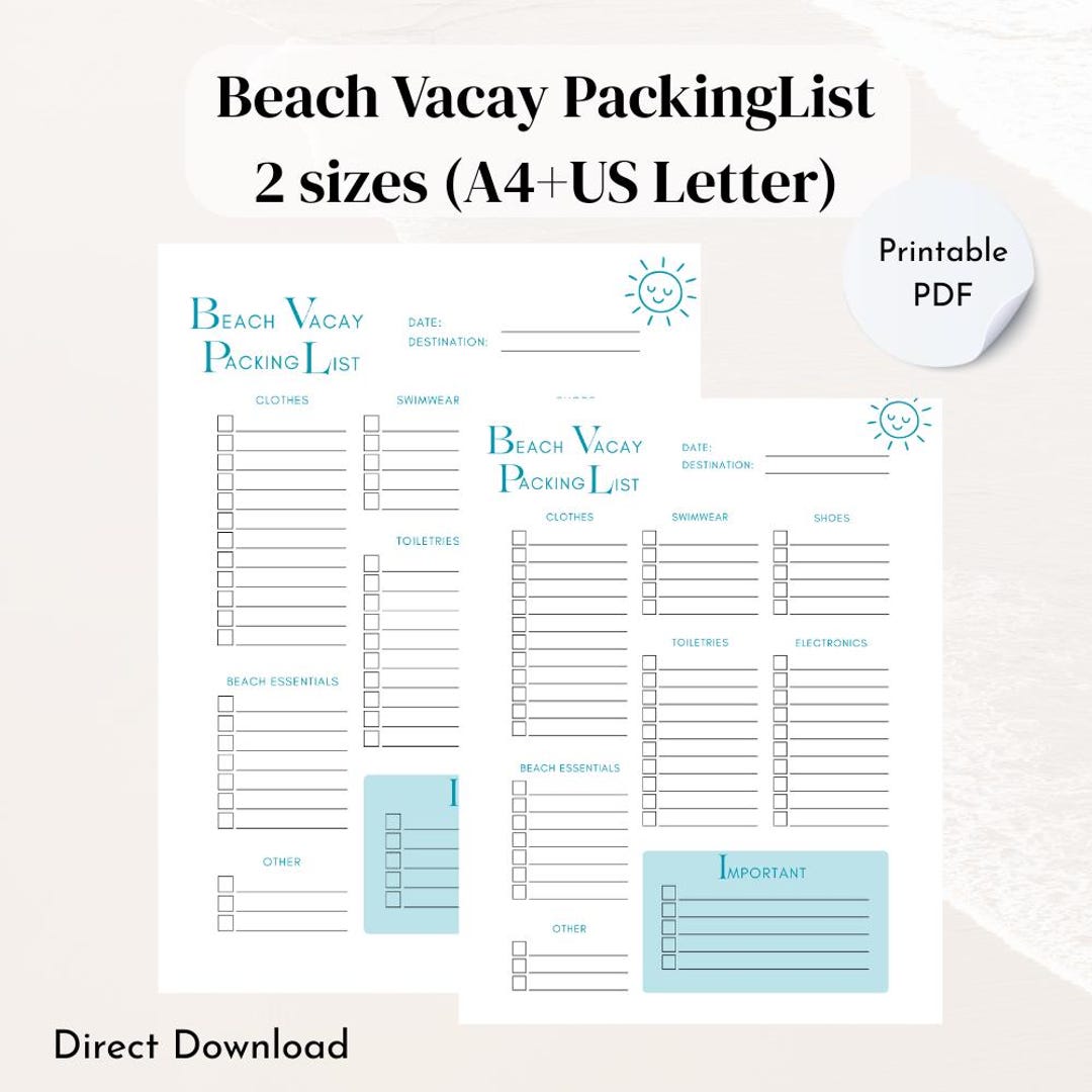 Summer Beach Packing List Printable | Vacation Checklist Template ...