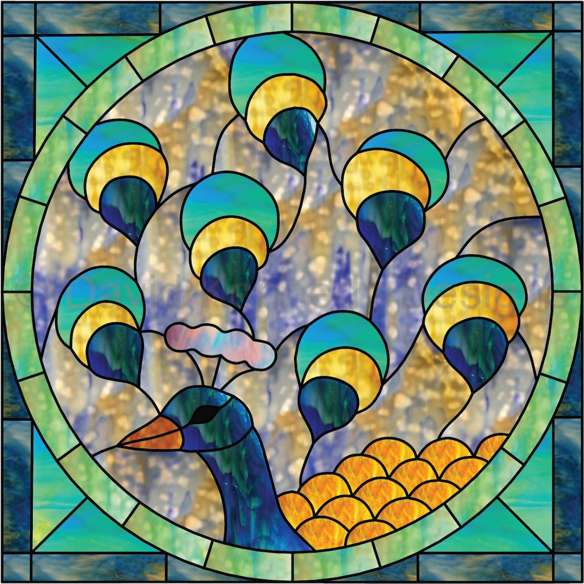 Round Peacock Stained Glass Pattern. © David Kennedy Designs. - Etsy