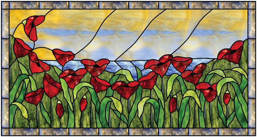 Poppies Horizontal Stained Glass Pattern.© David Kennedy Designs. - Etsy
