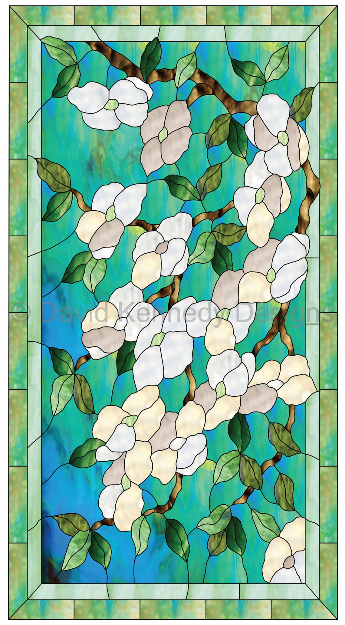 Dogwood with Borders Stained Glass Pattern.© David Kennedy | Etsy