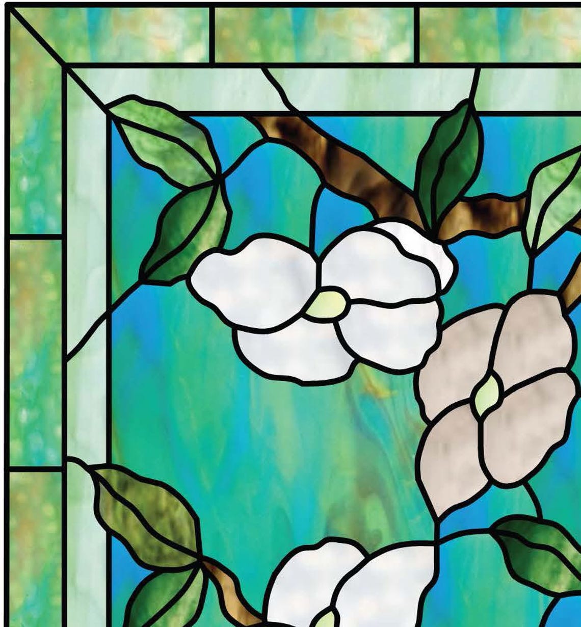 Dogwood With Borders Stained Glass Pattern.© David Kennedy Designs - Etsy