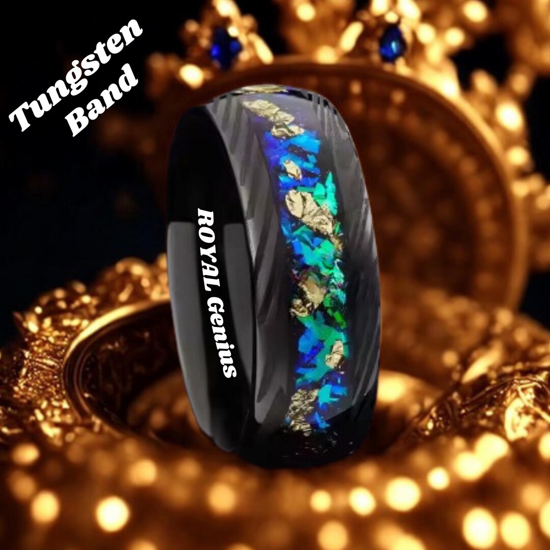 Black Tungsten Ring With Damascus Steel Pattern Texture Engraved Opal ...