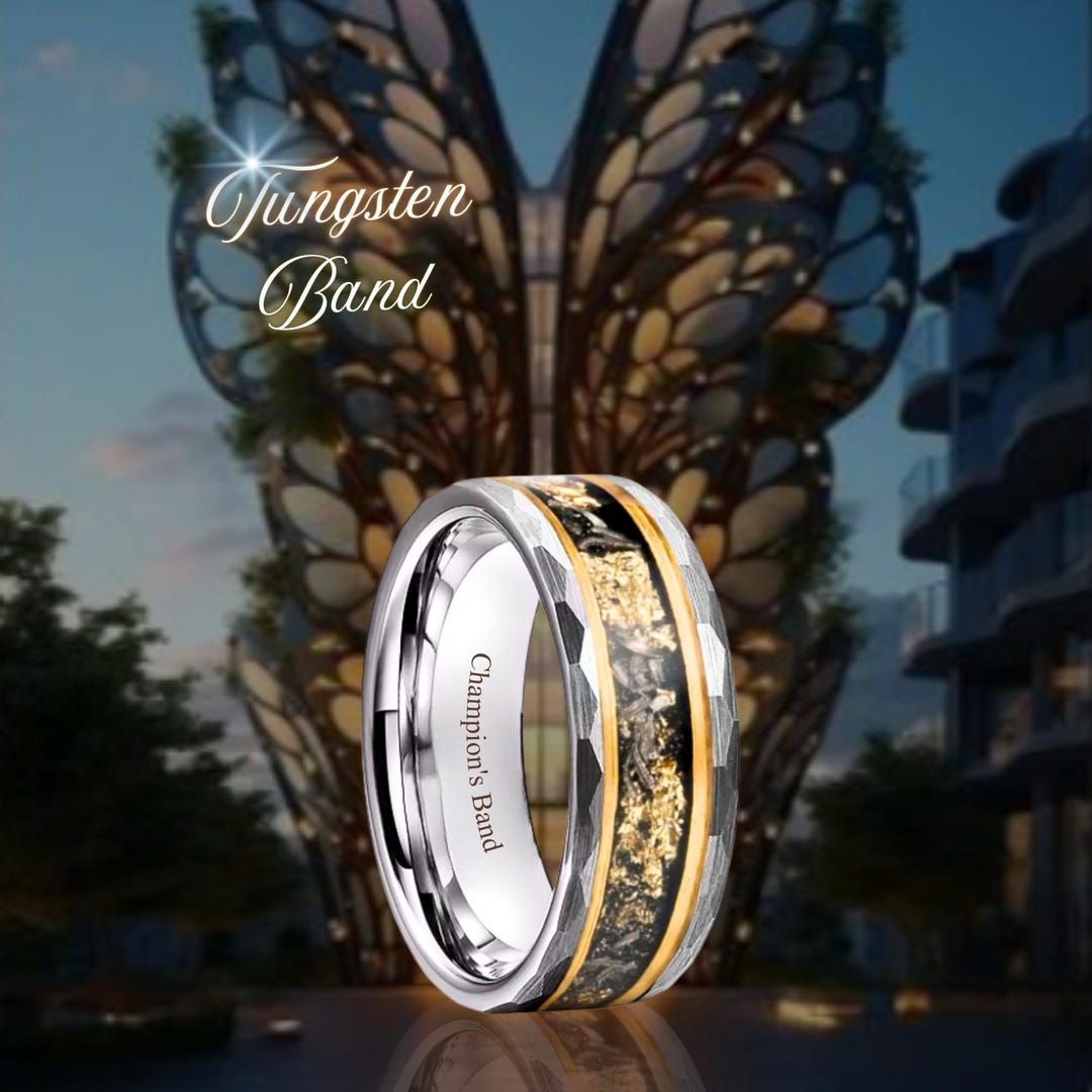 Black Tungsten Carbide Ring, Meteorite Gold Foil Inlay, Hammered ...