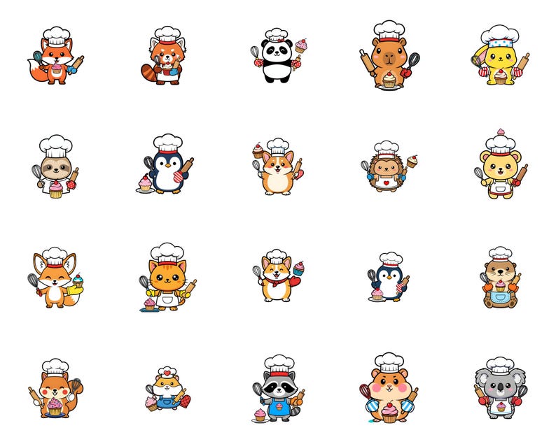 20 Kawaii Animals Cooking Clipart Bundle, Vector Baking Cartoon ...