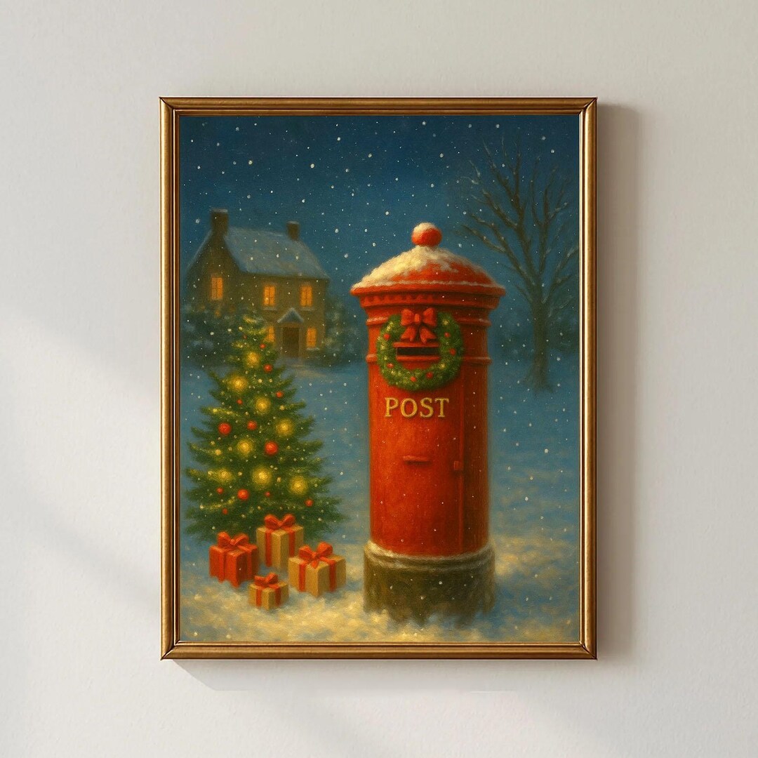 Vintage Christmas Post Box Painting, Cozy Winter Night Art Print ...