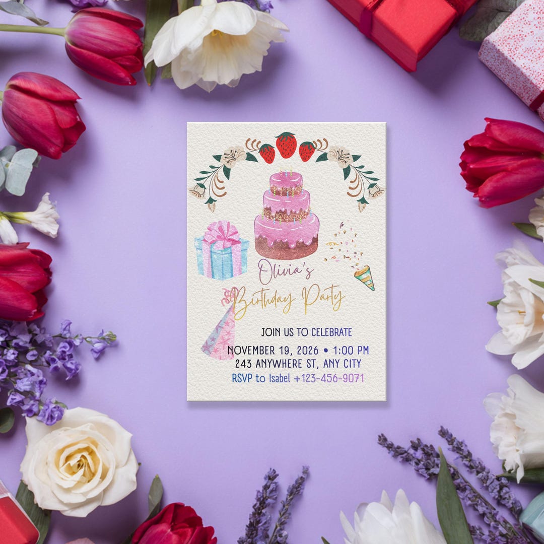 Berry Theme First Birthday Invitation Template for Girls, Strawberry ...