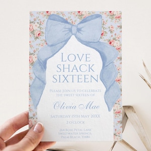 Coquette Blue Bow Sweet 16 Invitation Template, Love Shack Fancy Sweet ...