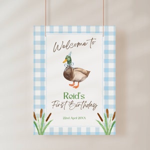 Blue Gingham One Lucky Duck Birthday Welcome Sign Template, Mallard ...