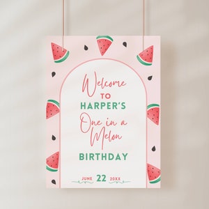 Pink Watermelon Birthday Welcome Sign Template, One in a Melon Theme ...