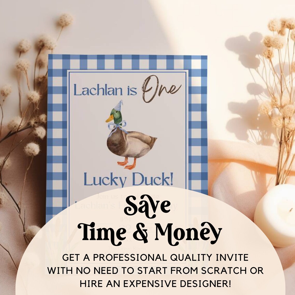 One Lucky Duck Birthday Party Invitation, First Birthday Invite, Navy ...