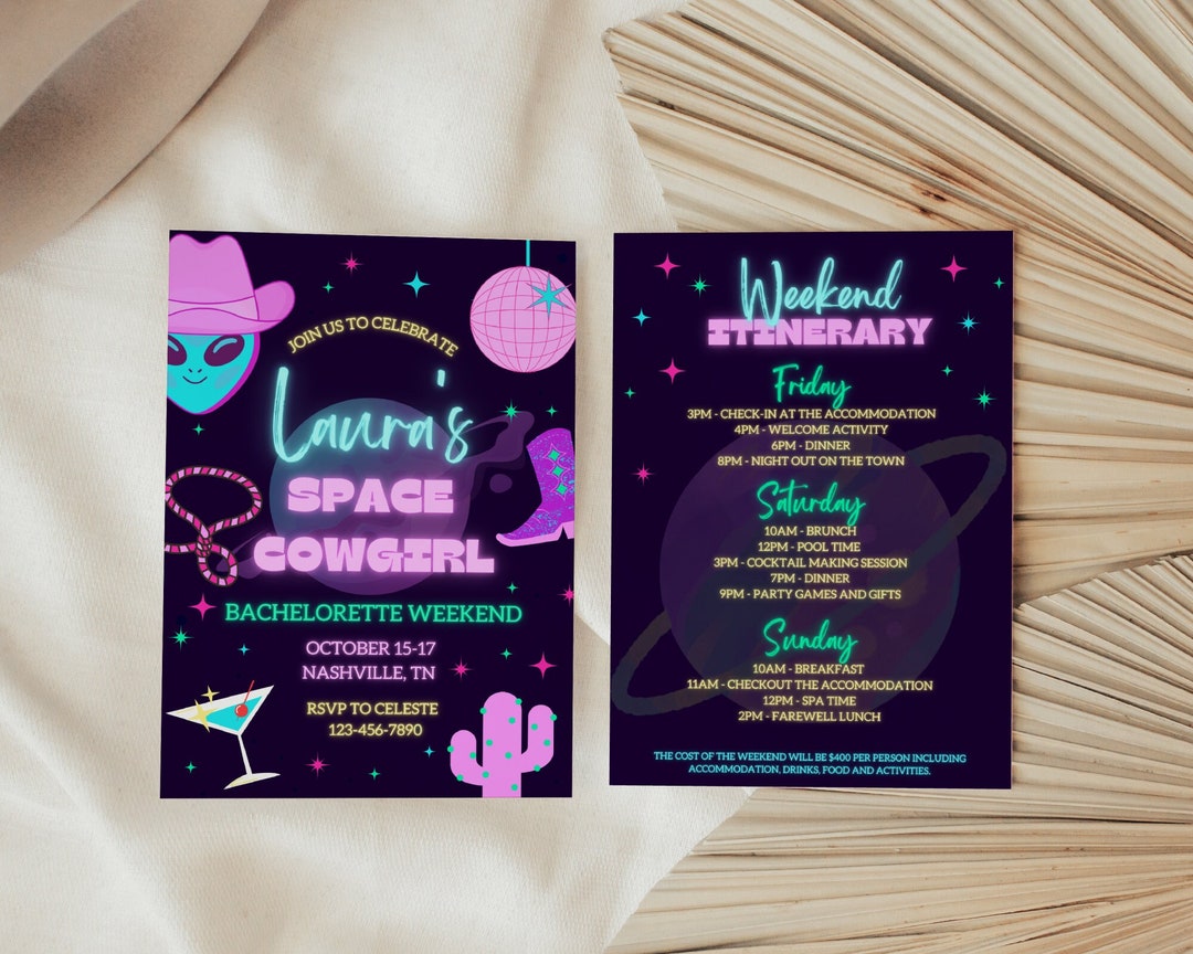Space Cowgirl Bachelorette Invitation Itinerary Template, Cosmic Disco ...