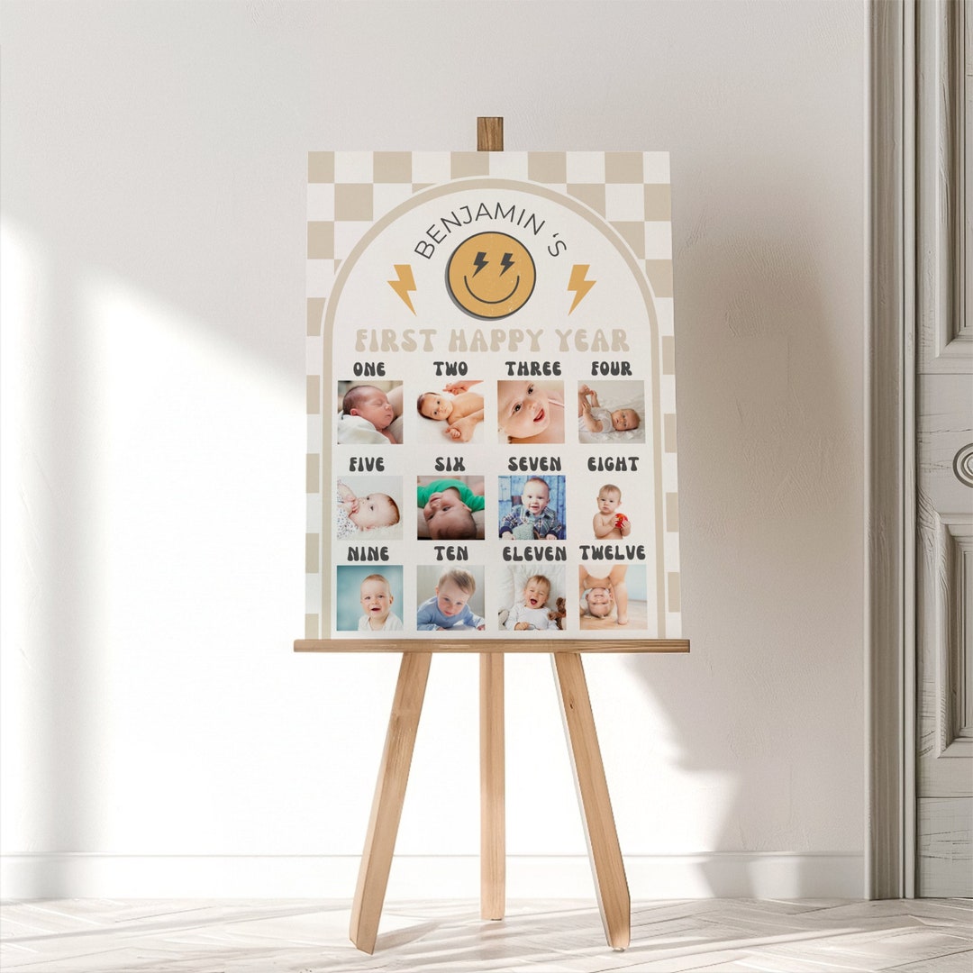 Beige One Happy Dude Photo Milestone Board Template, Editable Template ...